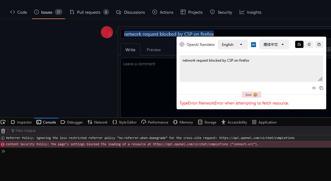 network request blocked by CSP on firefox · Issue #77 · openai-translator/openai-translator · GitHub