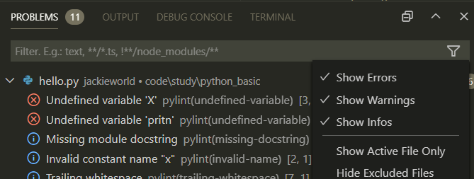 filter problems by type ('errors', 'warnings') didn't work in python ...