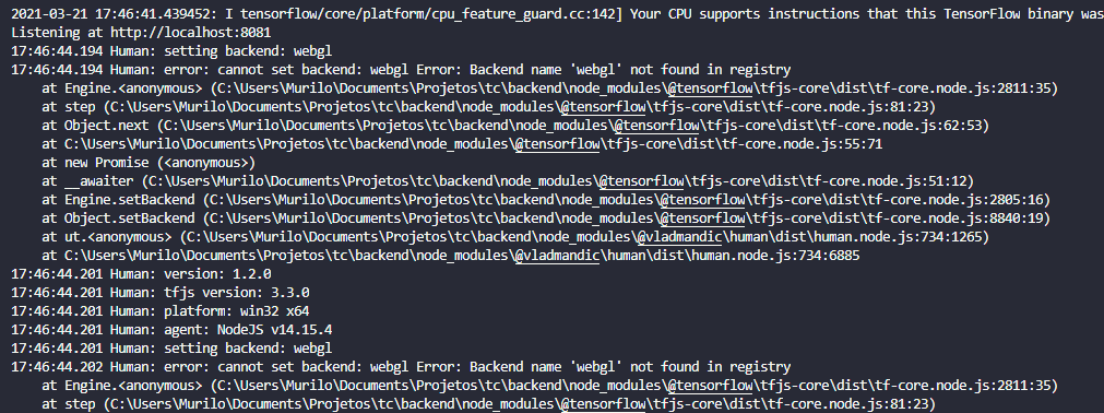 Human: error: cannot set backend: webgl Error: Backend name 'webgl' not found in registry ...