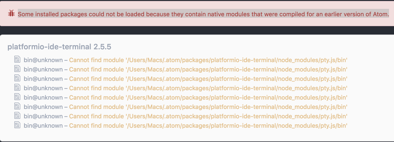 Platformio Ide Terminal V2 5 5 Dev Mode Error Atom 1 19 · Issue 315 · Platformio Platformio