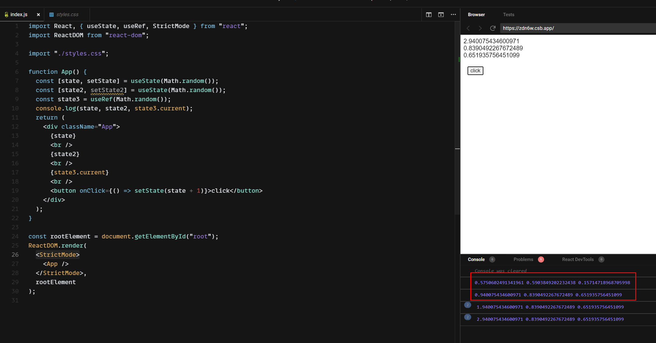 Bug: extra render with the same value for useState and onClick only for React-DOM · Issue #22940 ...