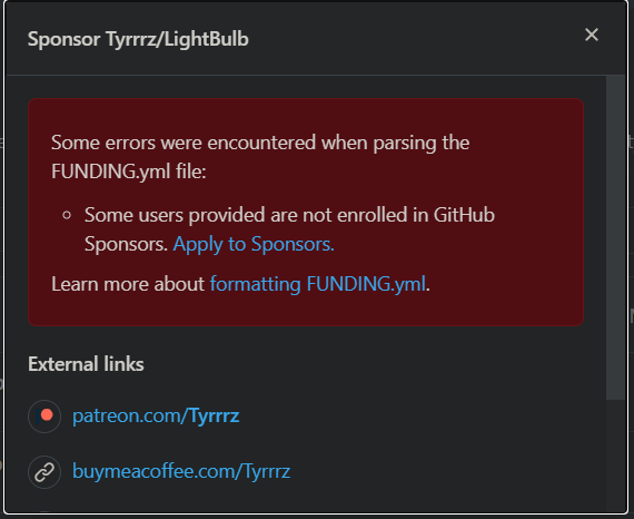 Errors in FUNDING.yml when clicking Sponsor · Issue #162 · Tyrrrz/LightBulb · GitHub