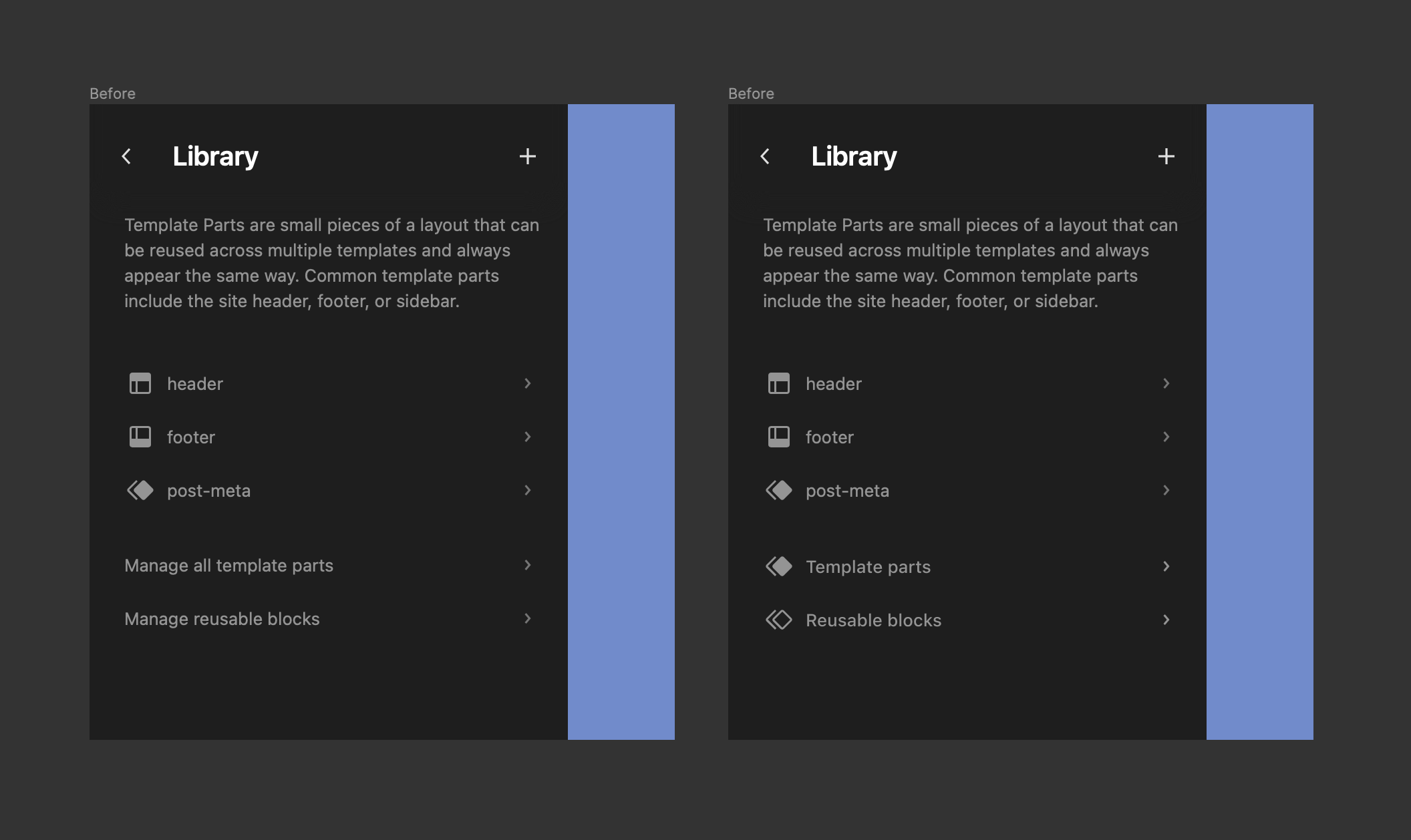 Library view: Adjust controls for all template parts and reusable blocks · Issue #51591 ...