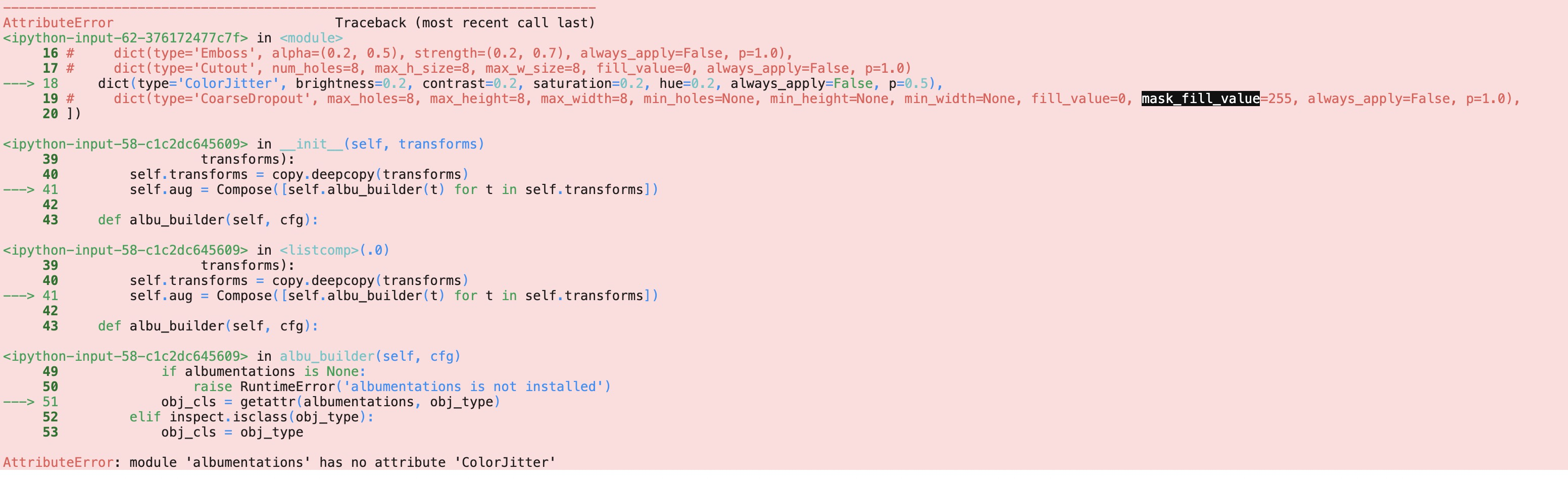 Error with ColorJitter GaussianBlur CoarseDropout Emboss GaussNoise ...