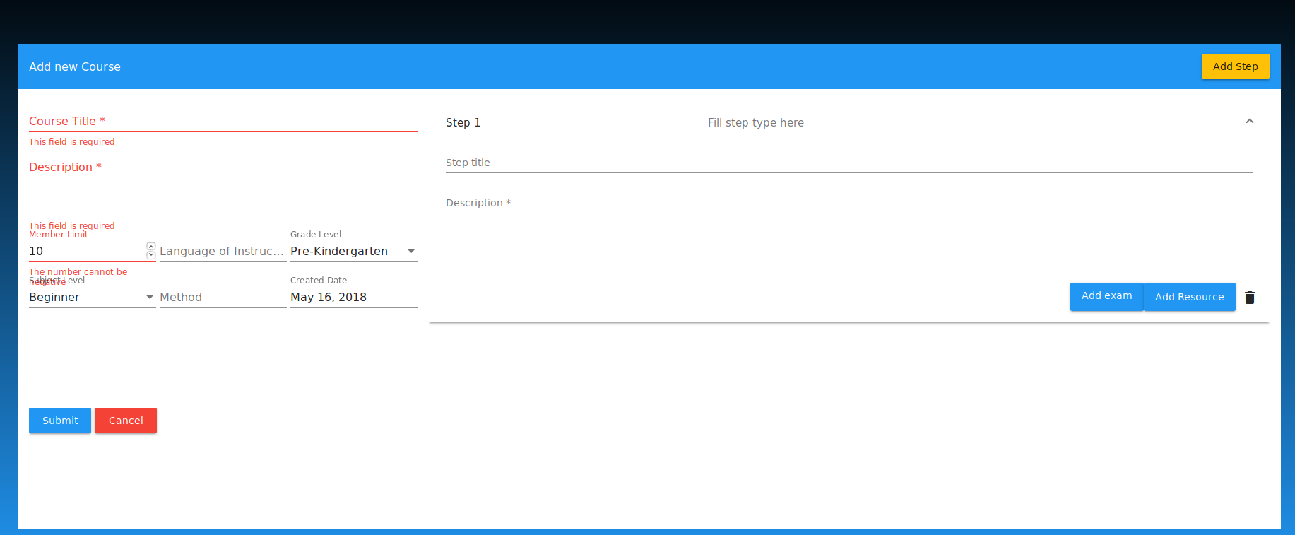 validation in add step form (via course add form) · Issue #967 · open-learning-exchange/planet ...