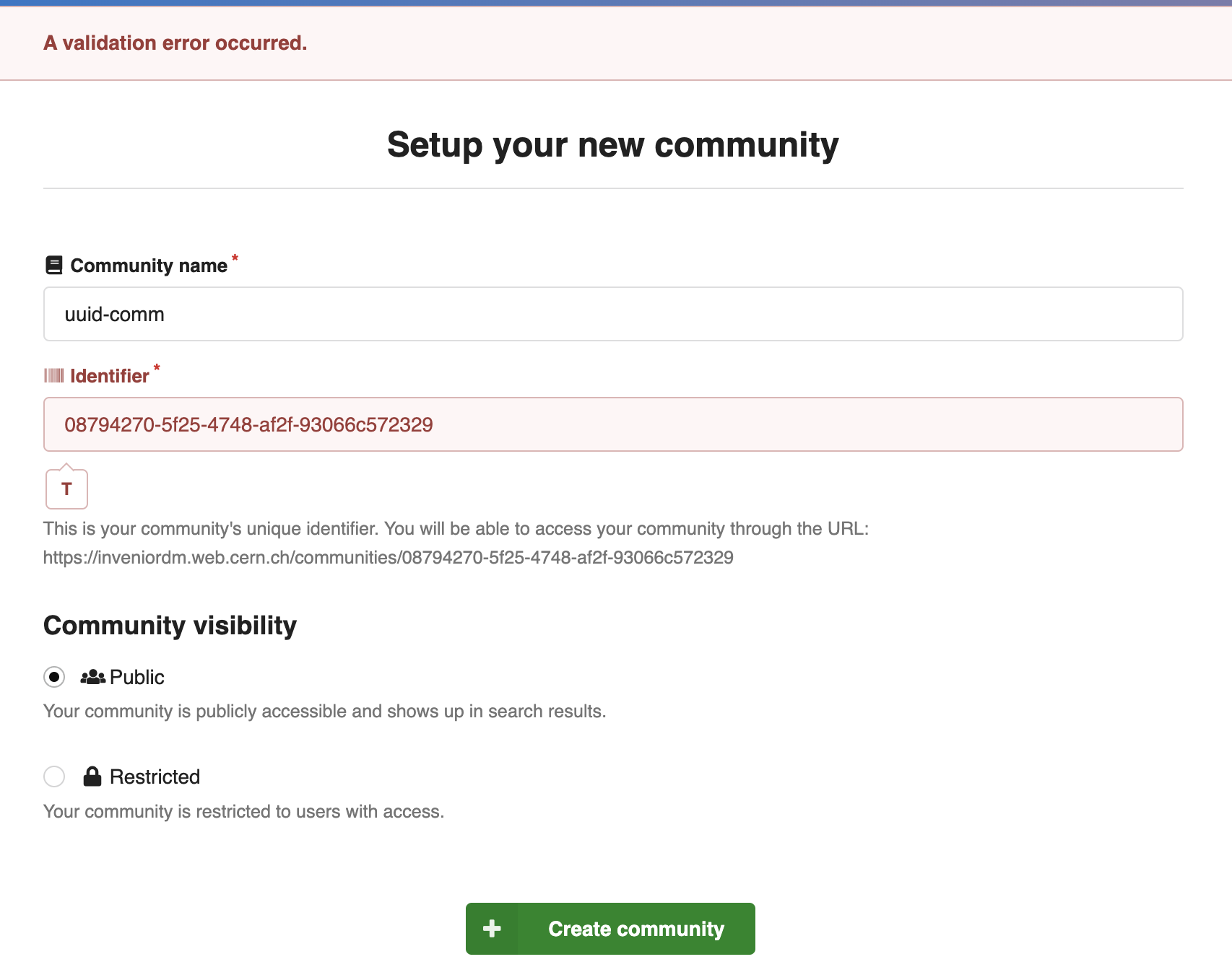 core: creating a community with UUID slug render the wrong error message · Issue #900 ...