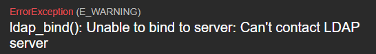 php warning ldap_bind() unable to bind to server