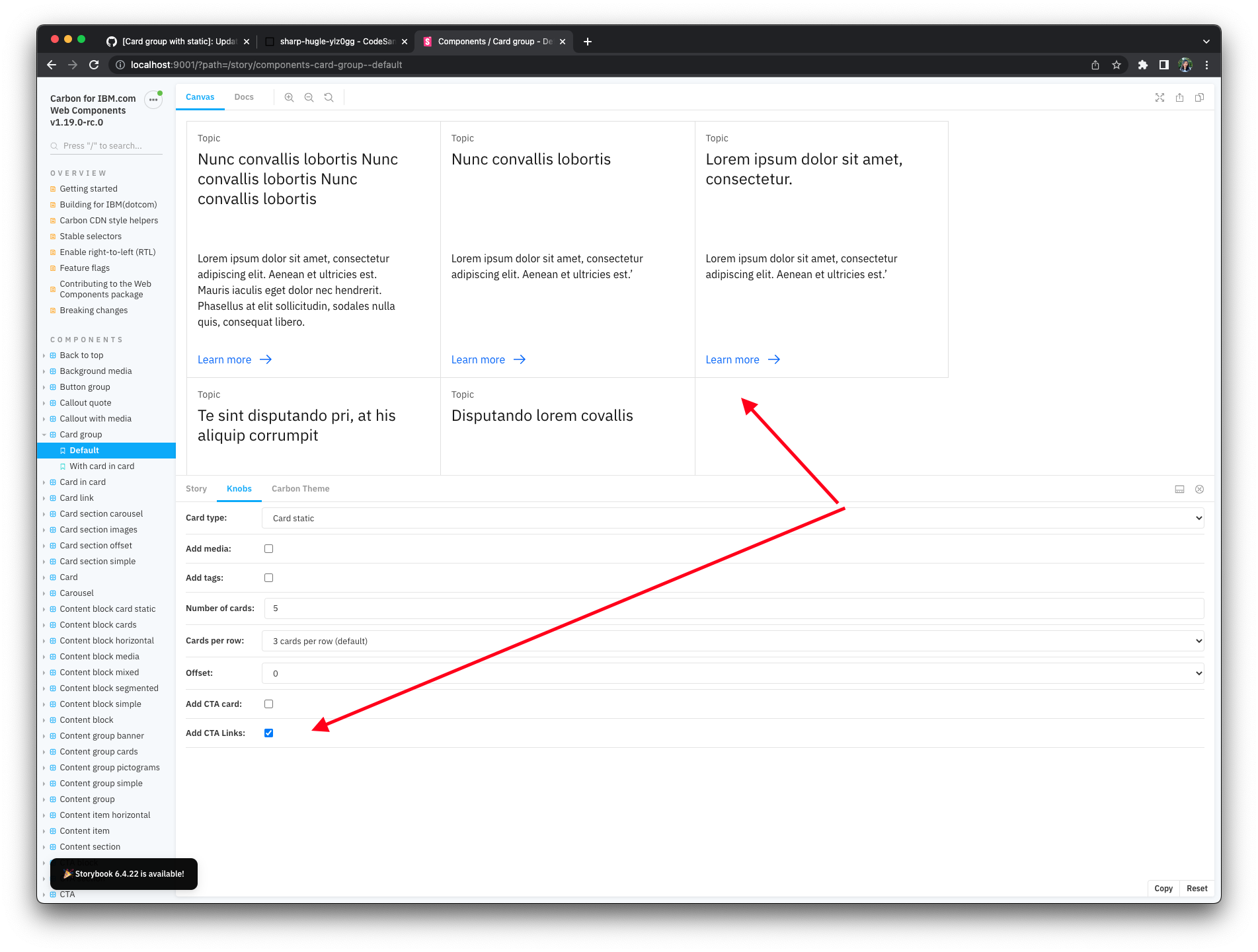 [Card group with static]: Update Storybook preview to include "Add CTA Link" boolean · Issue ...
