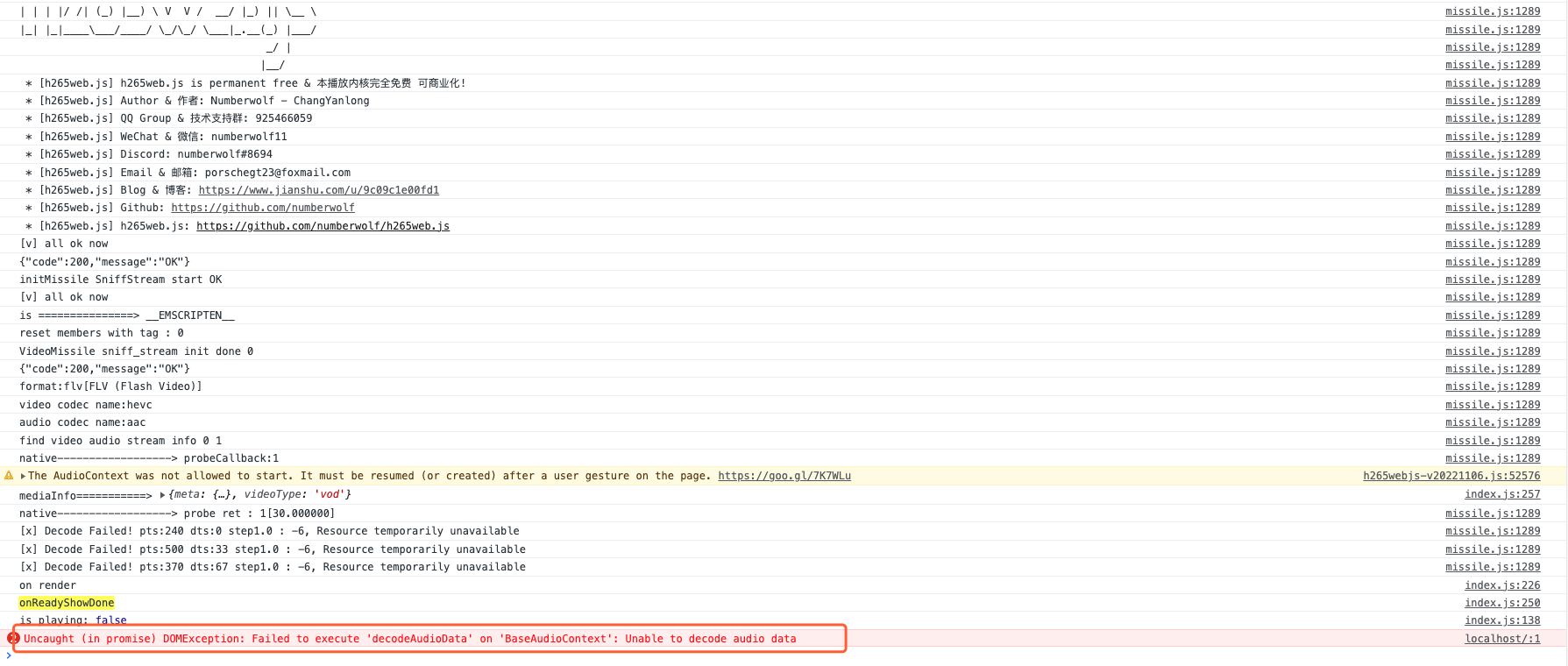 example_normal中播放本地h265视频在手动触发播放按钮情况下只有视频音频解析失败 · Issue #219 · numberwolf/h265web.js · GitHub