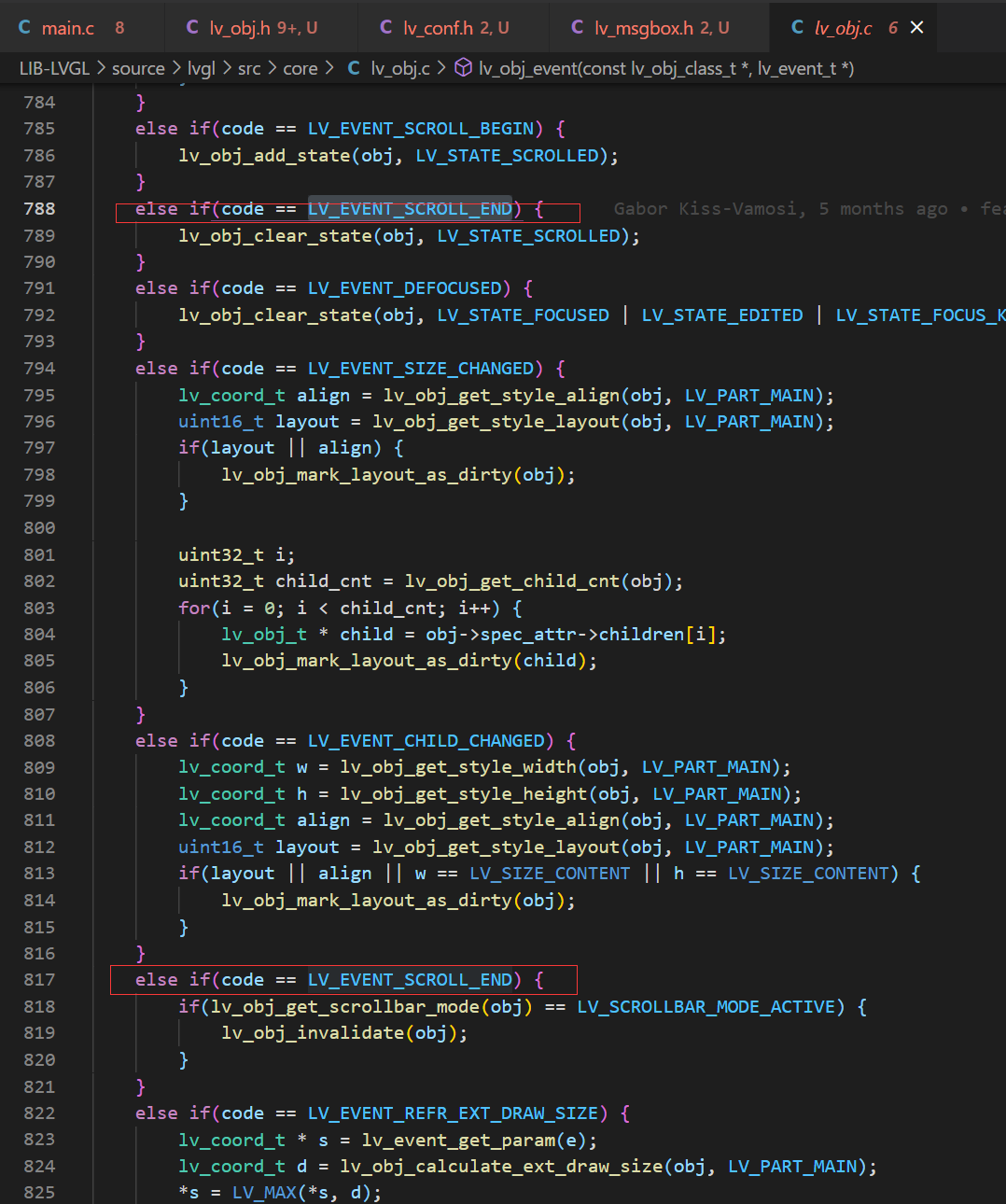 There are two branches for LV_EVENT_SCROLL_END in the function of lv_obj_event，and the second ...