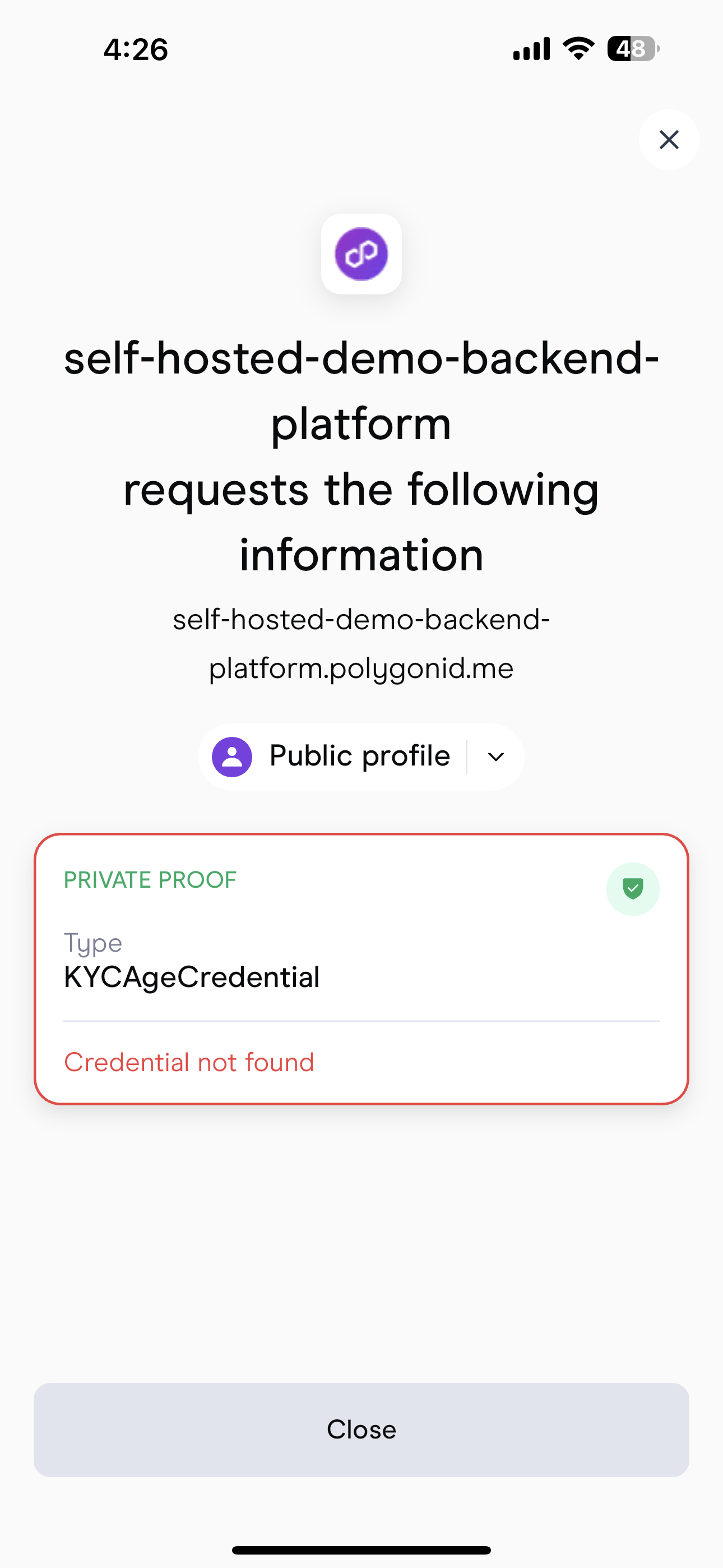 Polygon app gives a `credential not found` message for KYCAgeCredential(no req) - sig · Issue ...