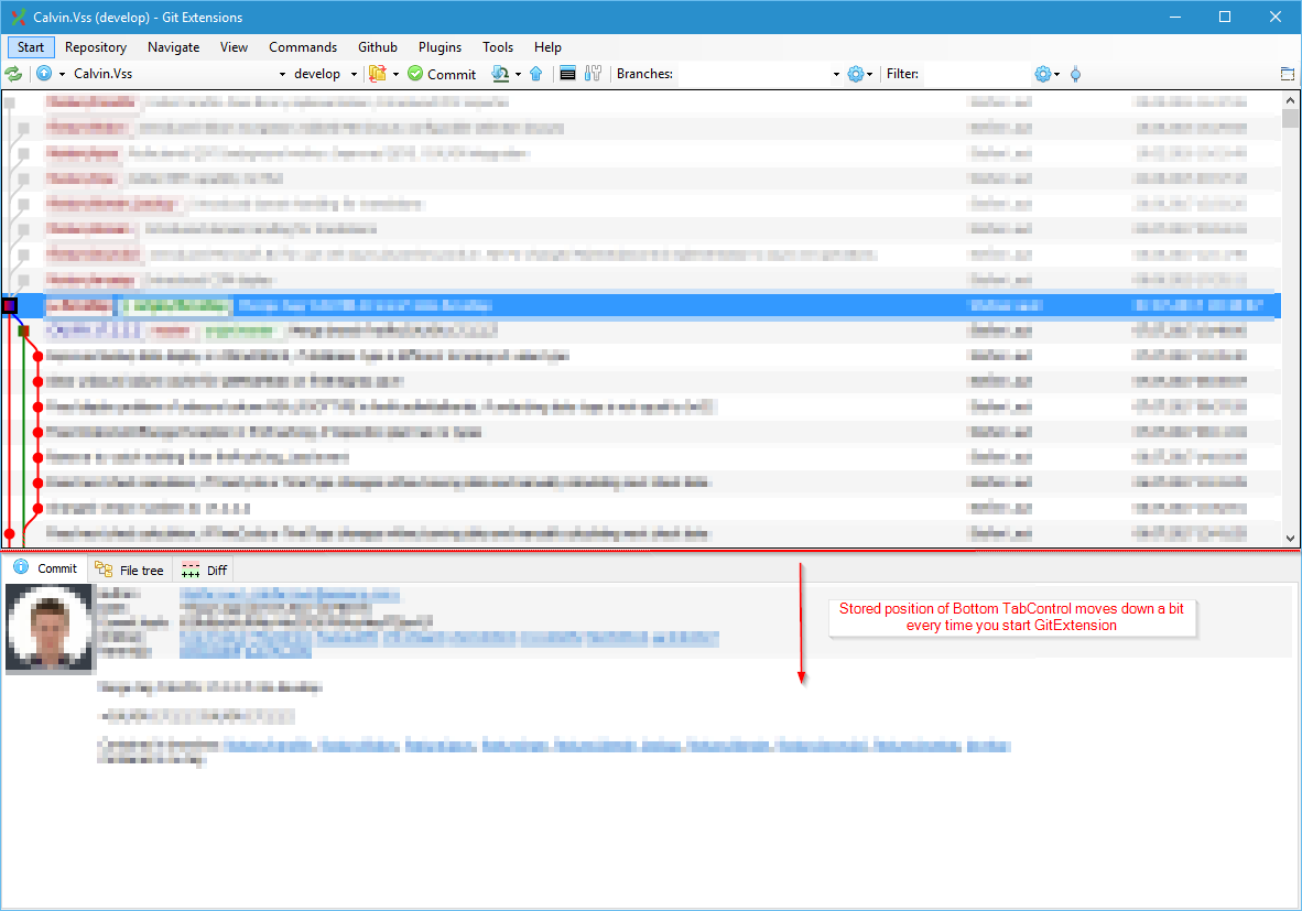 Height of bottom tab control (Commit-Info, File-Tree, Diff) gets smaller on GitExtensions start ...