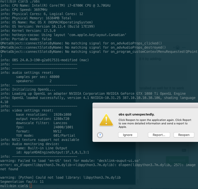 Building On Macos 10151 Fails In Linking Cxx Shared Library Libobs Scriptingdylib Step