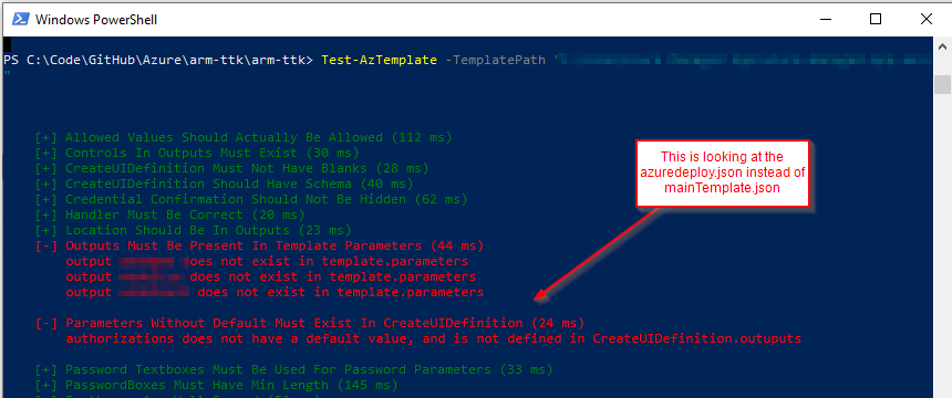 When template folder contains both azuredeploy.json and mainTemplate.json Outputs-Must-Be ...