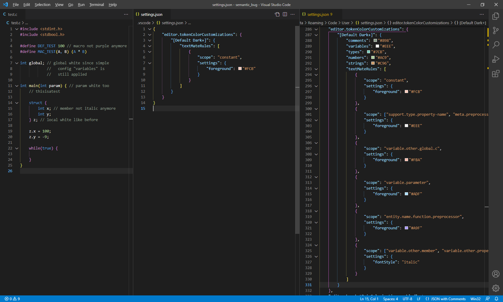 [themes] "textMateRules" section in workspace settings completely ...