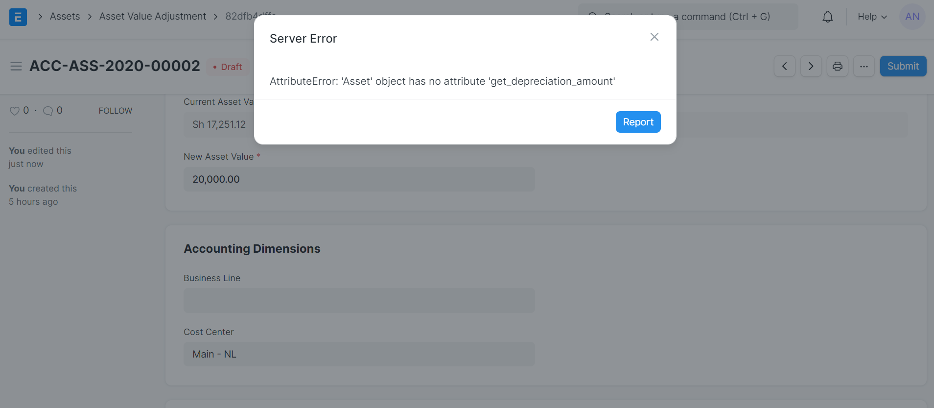 Error on submitting Asset Value Adjustment - ERPNext: v13.14.1 (version-13) · Issue #28395 ...