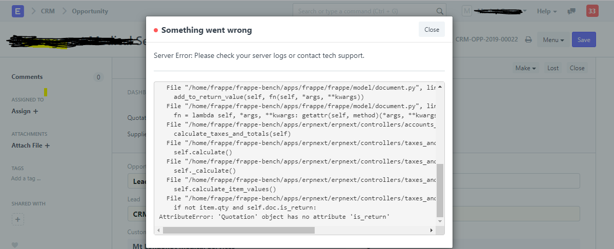 Error When Creating Quotation From Opportunity Erpnext V11 1 52 Version 11 · Issue 18593