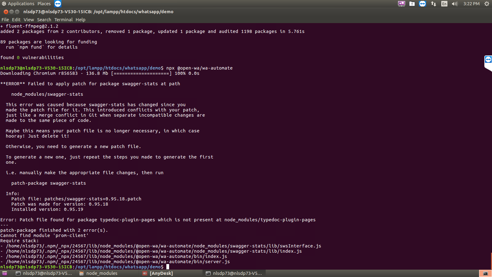 **ERROR** Failed to apply patch for package swagger-stats at path ...