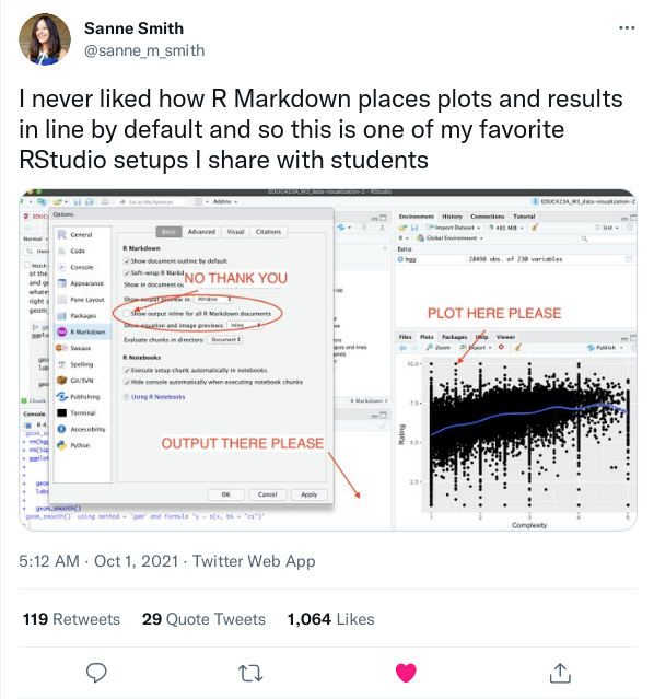 Is there a possibility of changing RStudio's default knitr chunk output option from 'inline' to ...