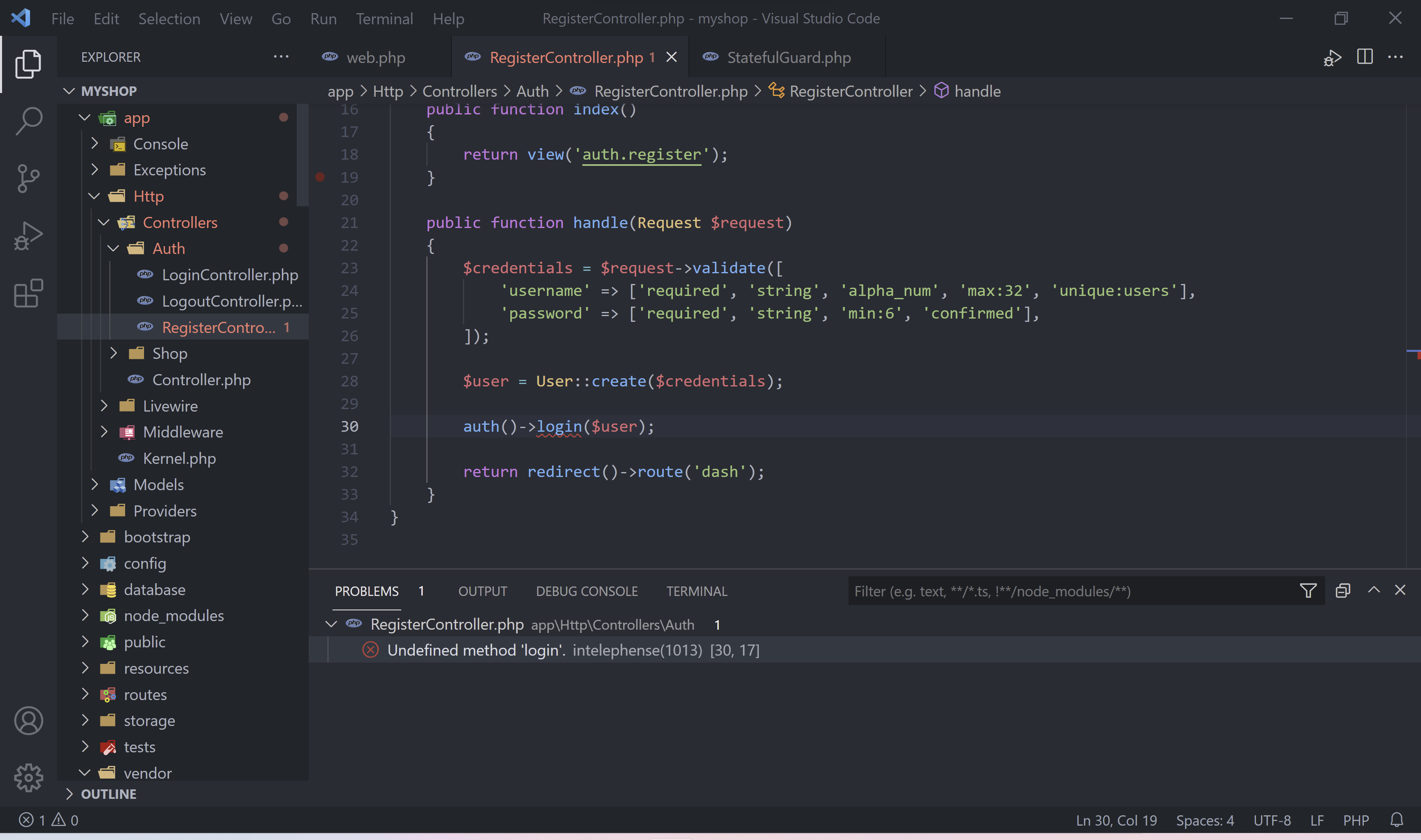Laravel false positive on auth() helper method · Issue #2029 · bmewburn ...