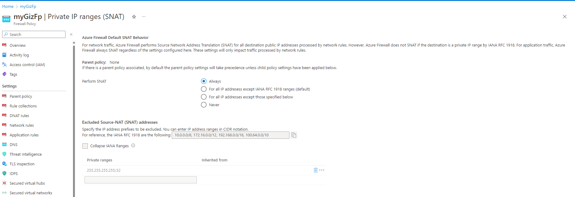 private-ranges parameter support for 'az network firewall policy create' and 'az network ...