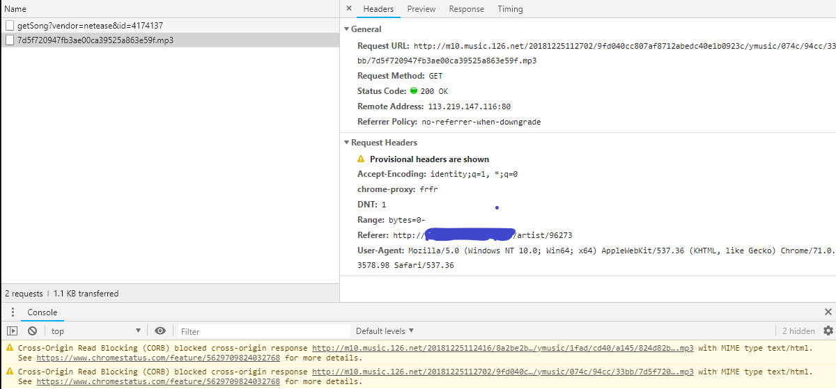 获取音乐链接后，会被chrome浏览器CORB导致无法播放 · Issue #337 · Binaryify/NeteaseCloudMusicApi · GitHub