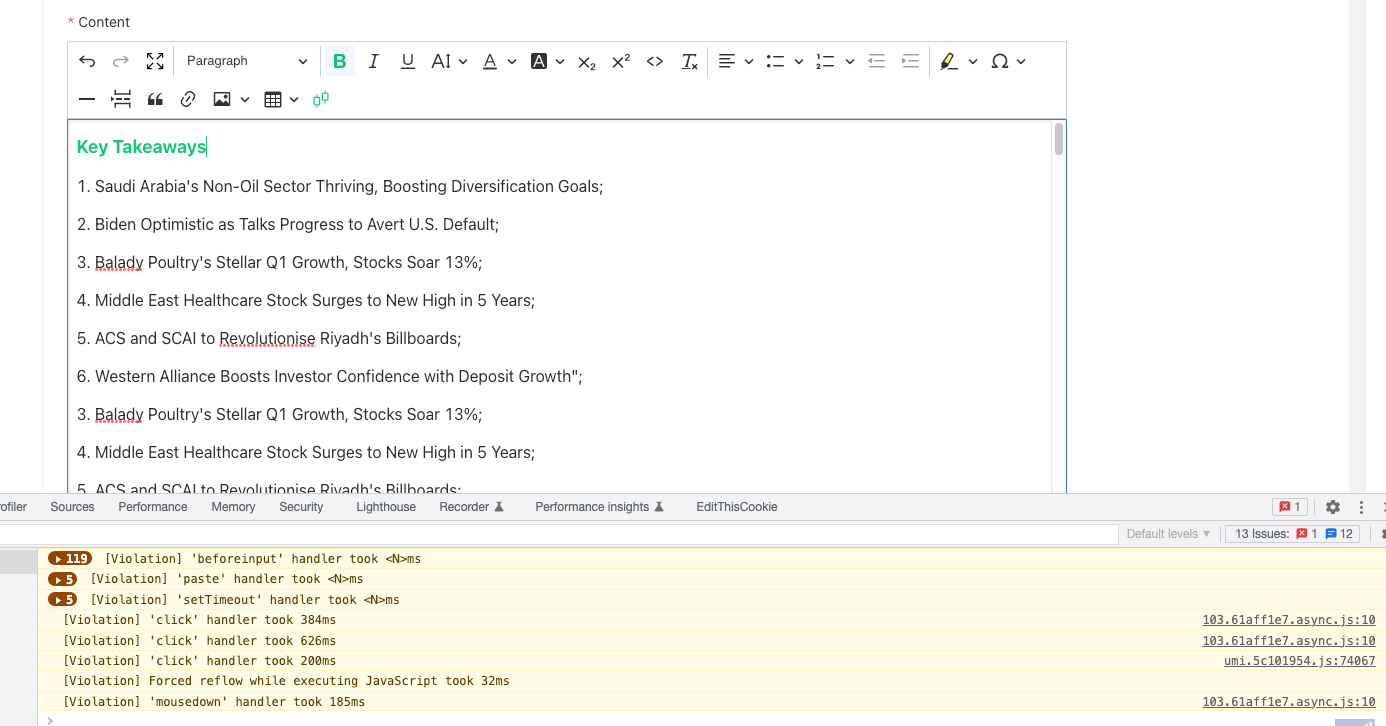 "[Violation] 'xxx' handler took ms" appeared in the Console, and input lag began to occur ...