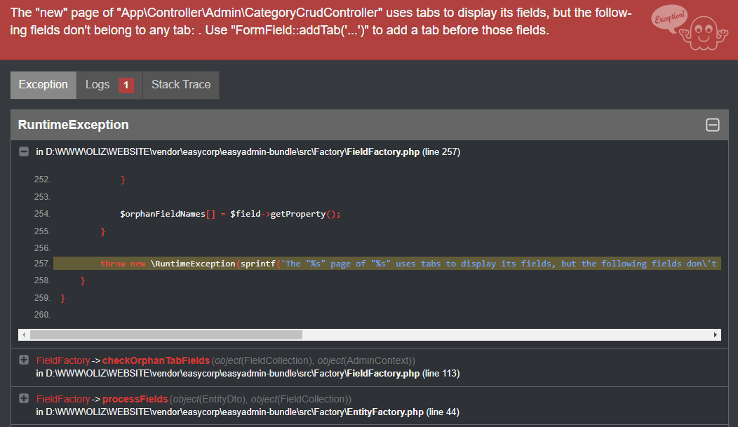 FieldFactory.php (l 257) --> checkOrphanTabFields thriw exception when orphanFieldNames is empty ...