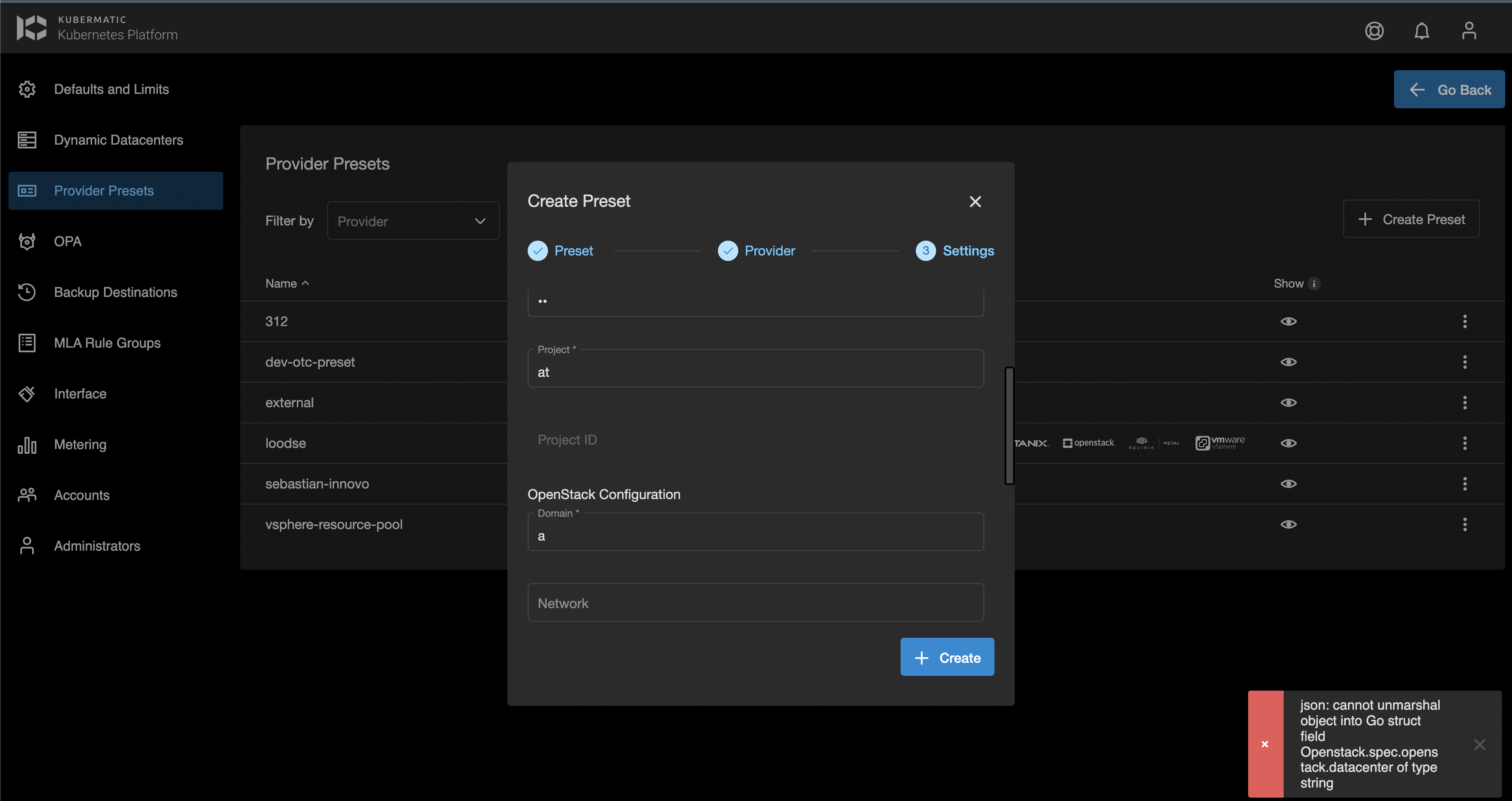 Unable to create preset for openstack · Issue #4324 · kubermatic/dashboard · GitHub