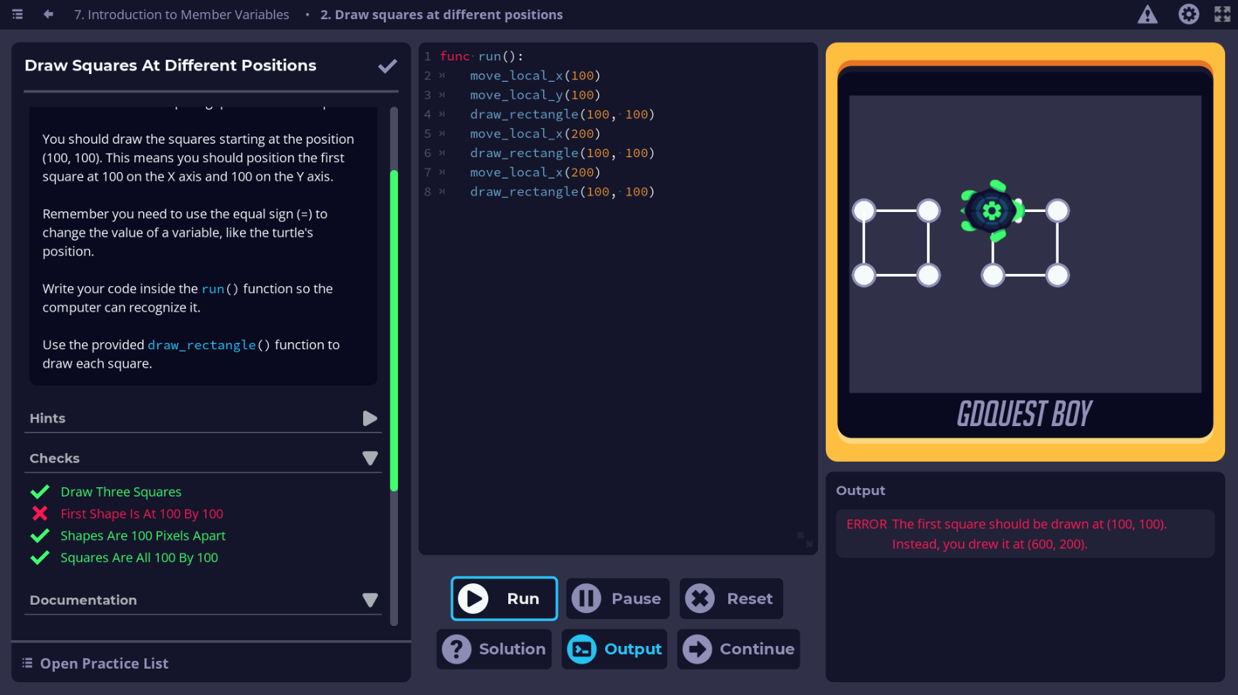 Lesson 7, practice 2: the Turtle position is not reset after the Run · Issue #866 · GDQuest ...