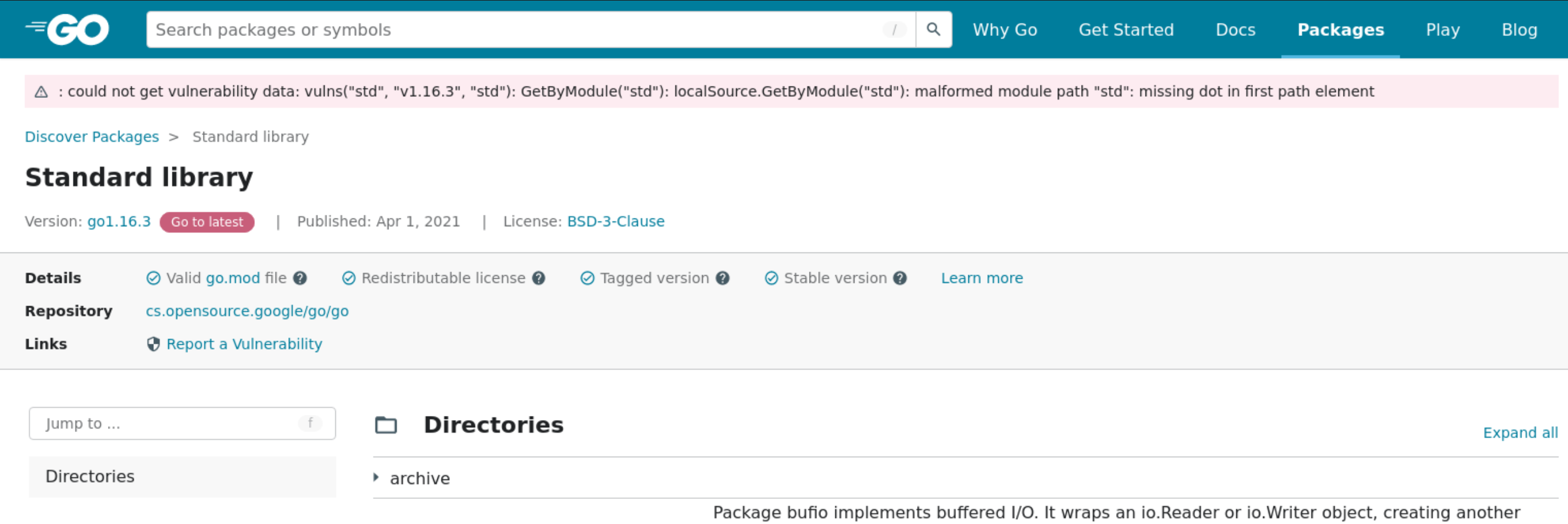 x/vuln: GetByModule for a local source client breaks standard library ... x/vuln: GetByModule for a local source client breaks standard library ...