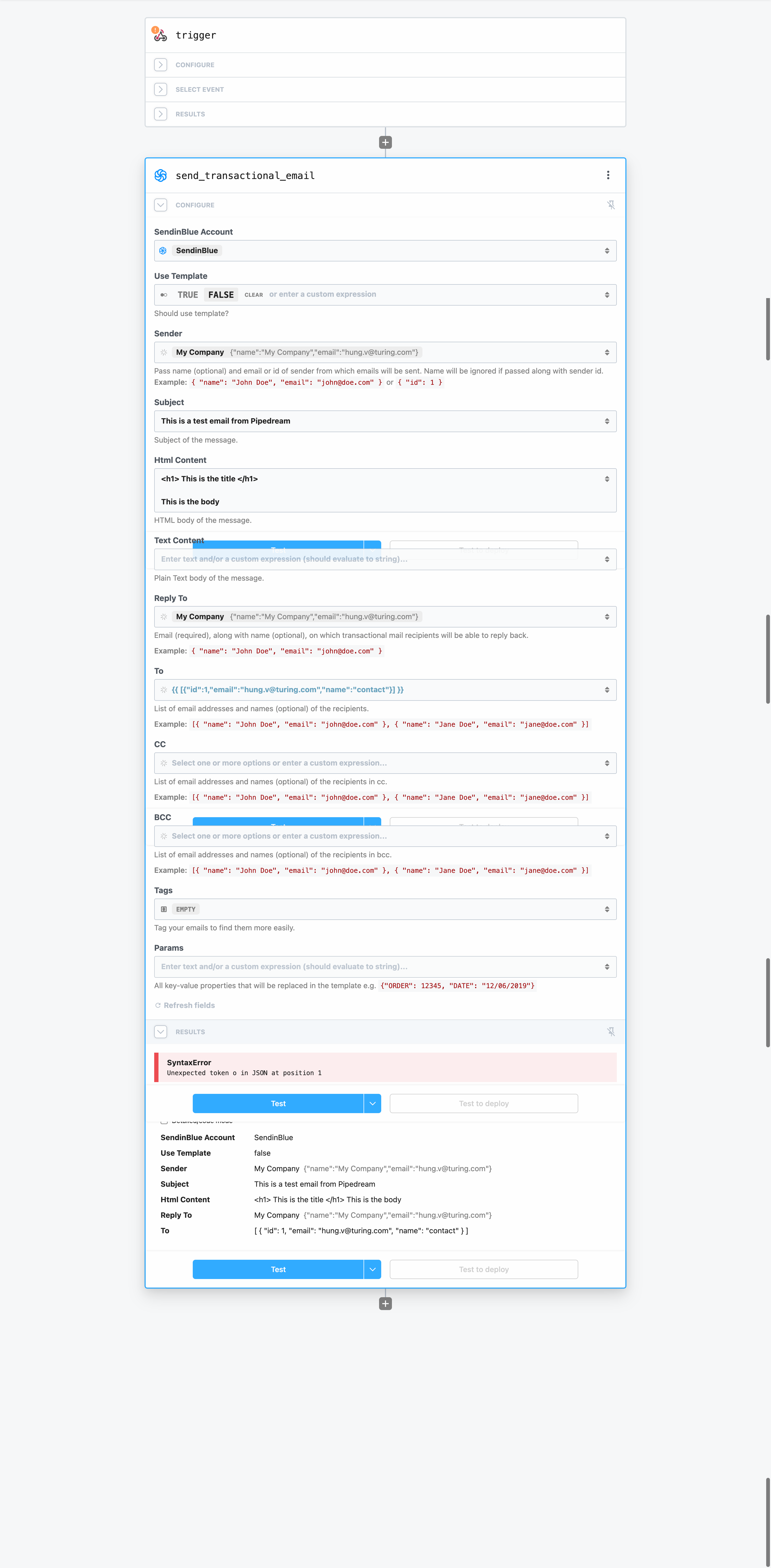 [BUG] Sendinblue Transactional Email action fails when trying to add recipients to **To** field ...