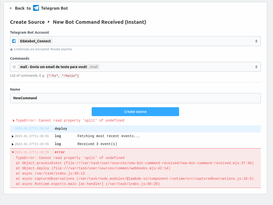 [BUG] Telegram - New Bot Command received throws error Cannot read property 'split' of undefined ...