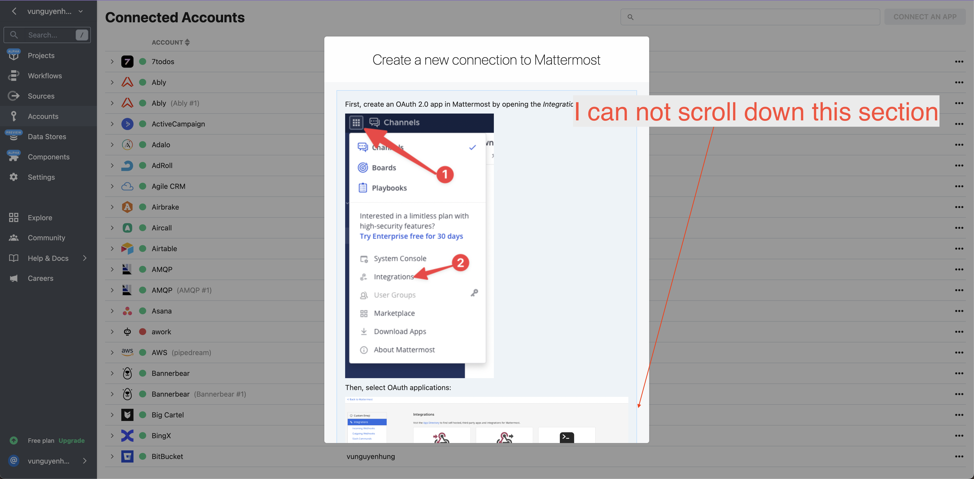 [BUG] On connect Mattermost account popup, I can not scroll down to see the rest of instructions ...
