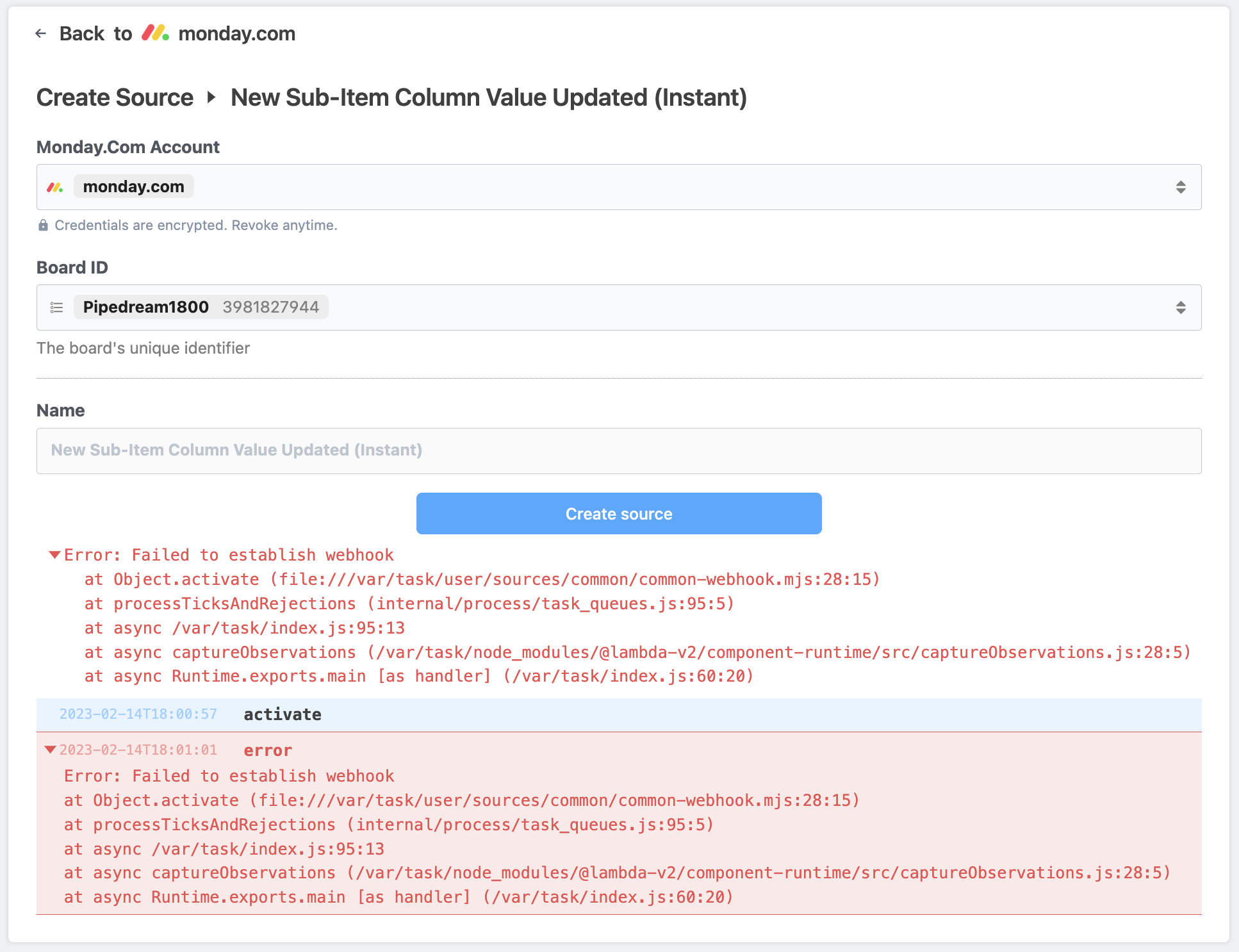 [BUG] Can not create Monday.com source - New Sub-Item Column Value Updated (Instant) · Issue ...