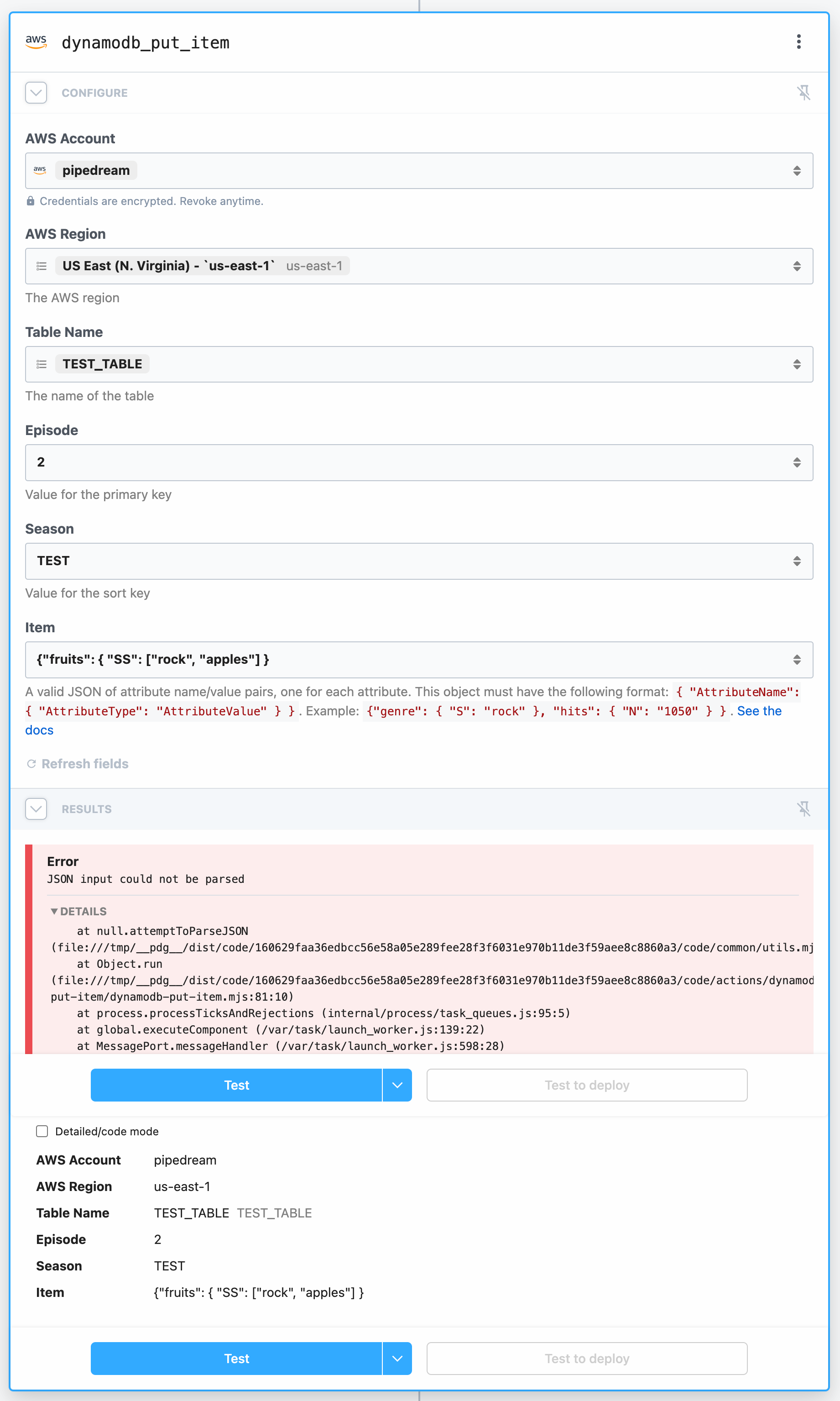 [BUG] AWS DynamoDB Put Item action failed with error "JSON input could not be parsed" when ...