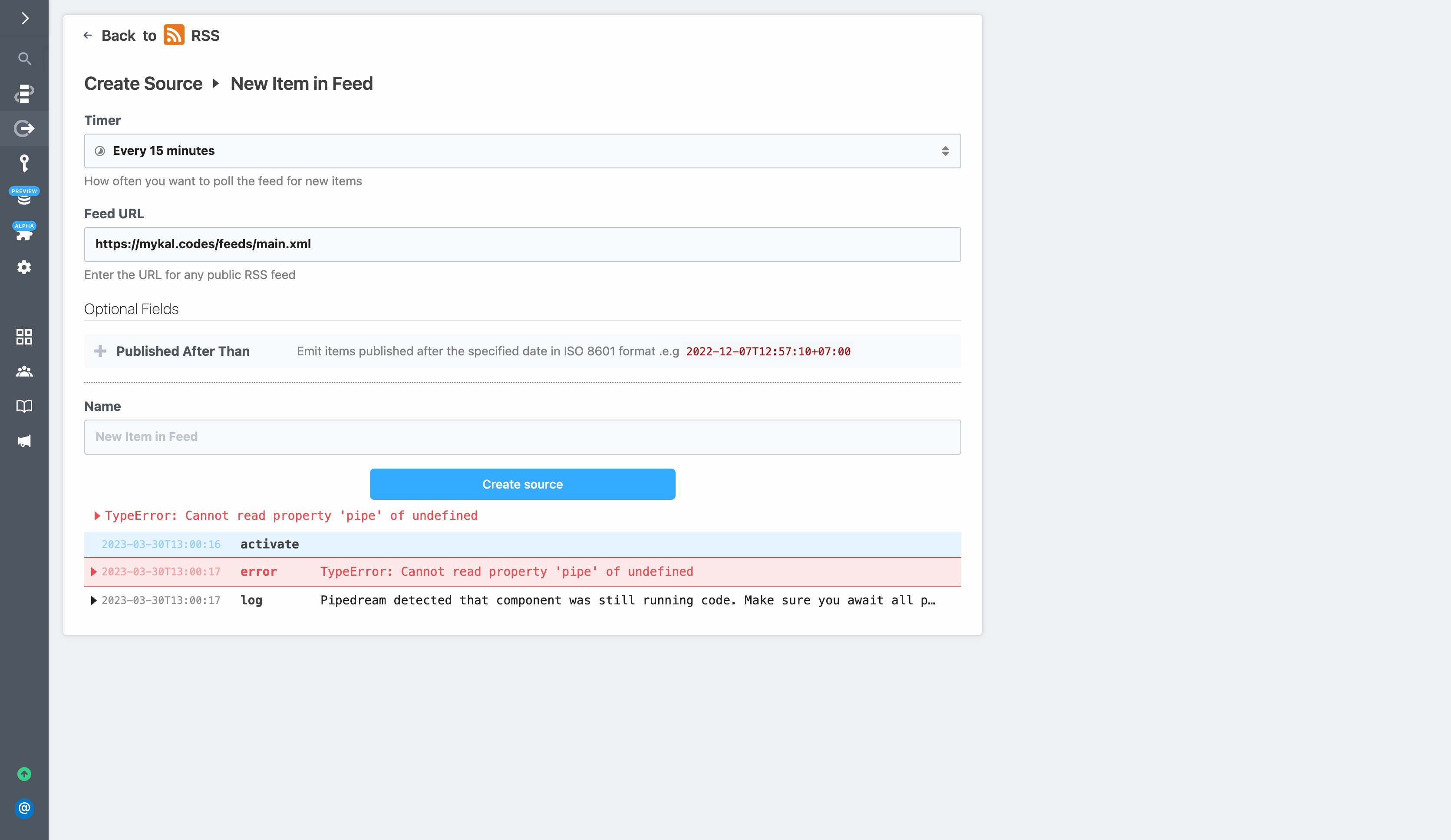 [BUG] RSS - New Item in Feed source throws TypeError: Cannot read property 'pipe' of undefined ...