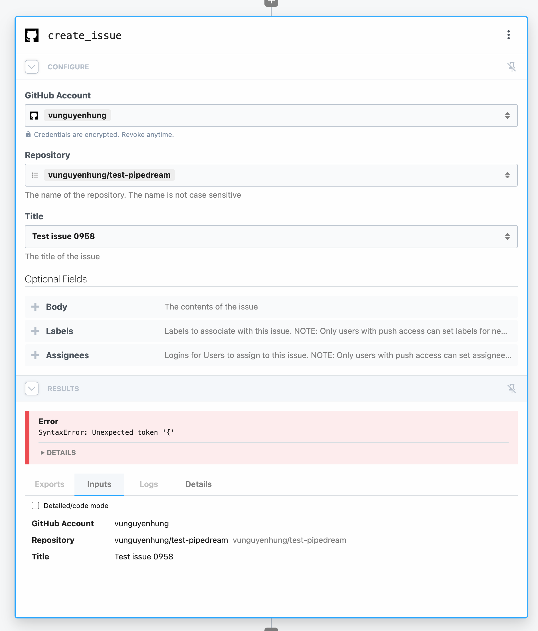 [BUG] Github - Create Issue action failed with Syntax Error: Unexpected token { · Issue #7215 ...