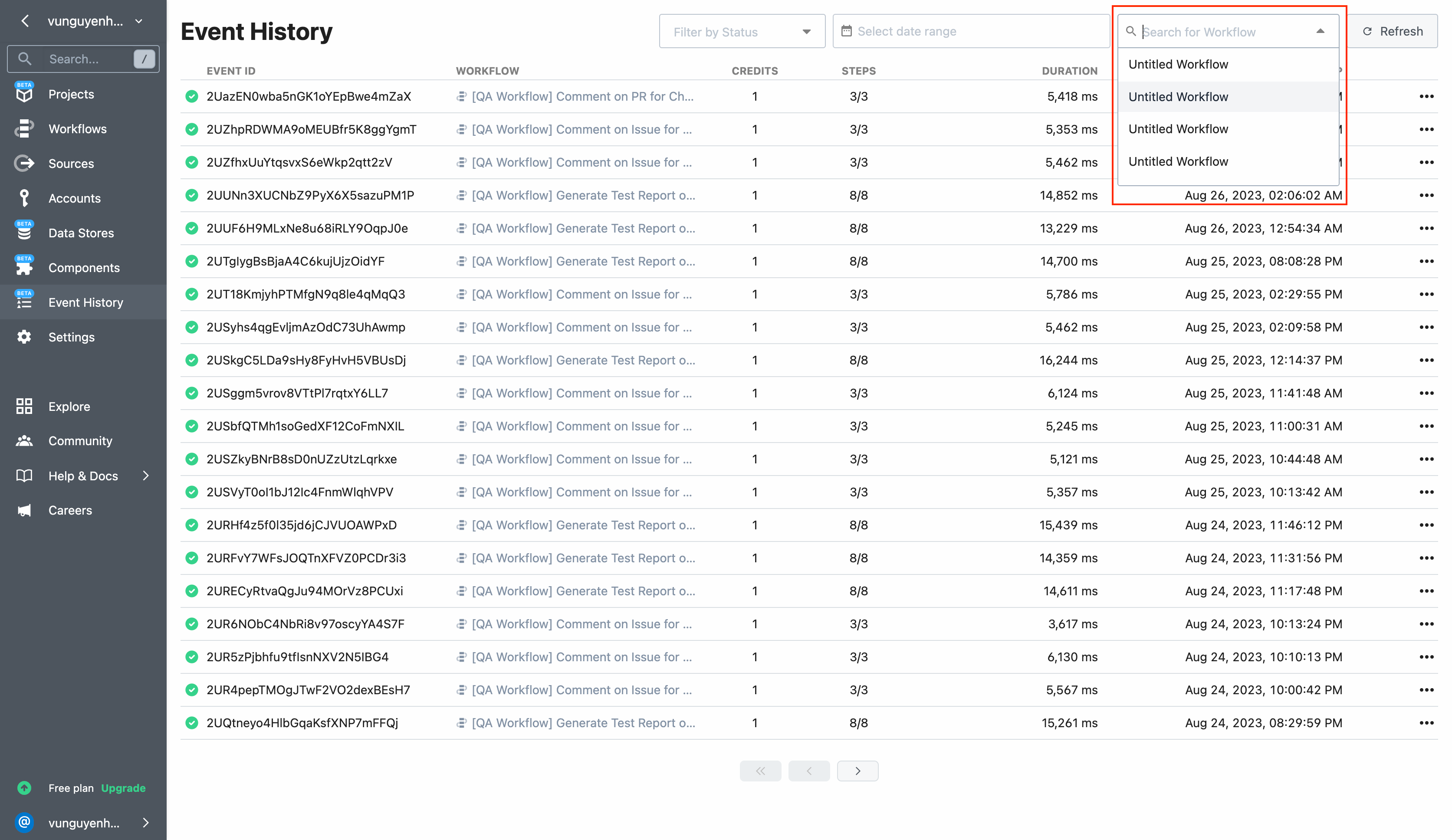 [BUG] In Event History screen > Search for Workflow search box, I can not find workflows in a ...