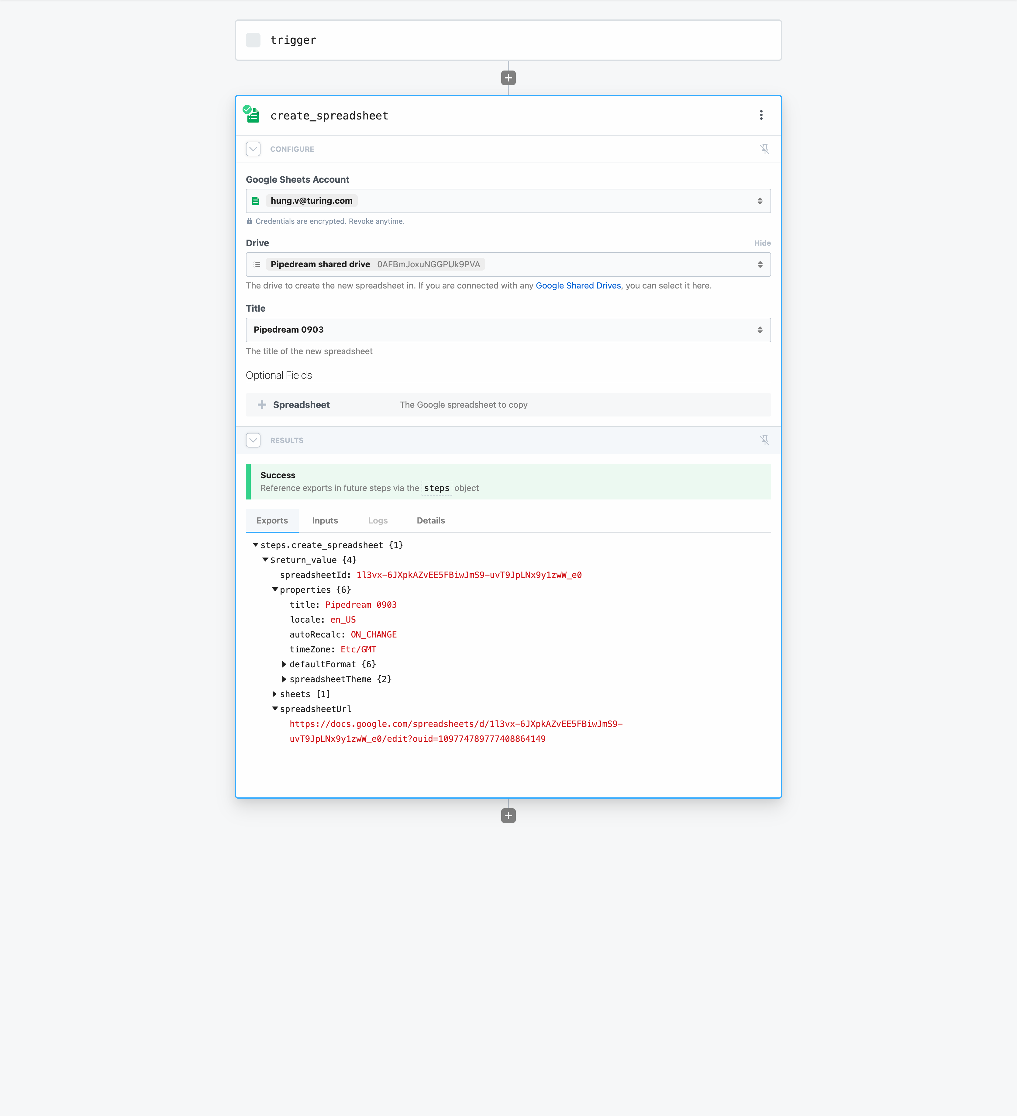 [BUG] Google Sheet - Create Spreadsheet: Selecting a shared drive on the `Drive` prop do not ...