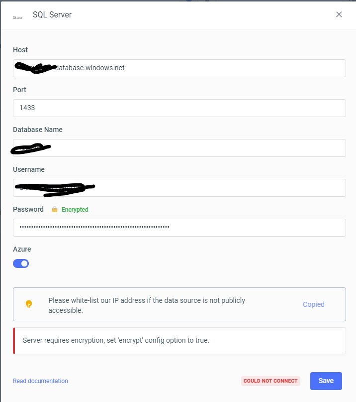 SQL Server data-source can't connect to the azure based SQL server ...