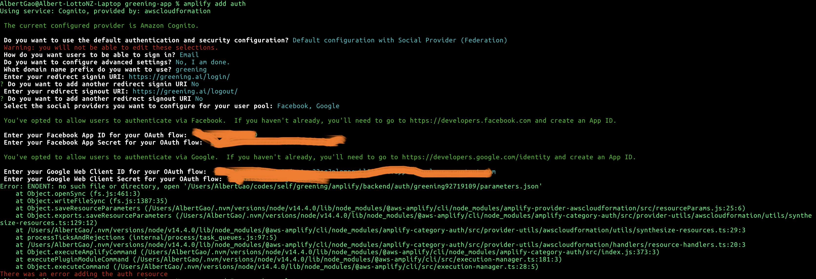 Error when adding authentication: Error: ENOENT: no such file or directory, open '/Users/XXXXXX ...