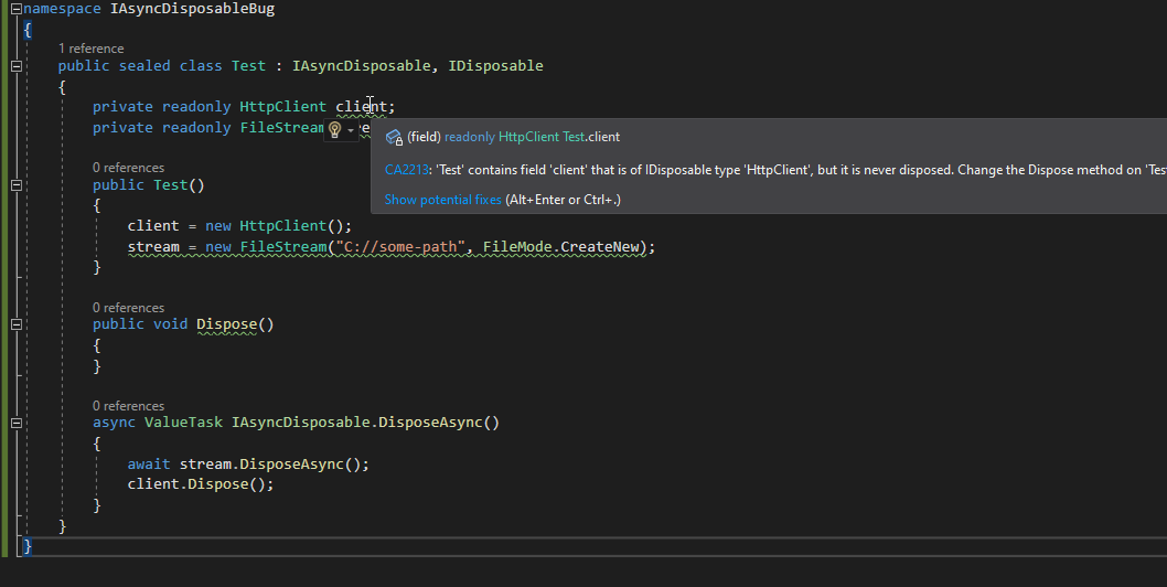 CA2213 false positive on explicit IAsyncDisposable interface implementation · Issue #6075 ...