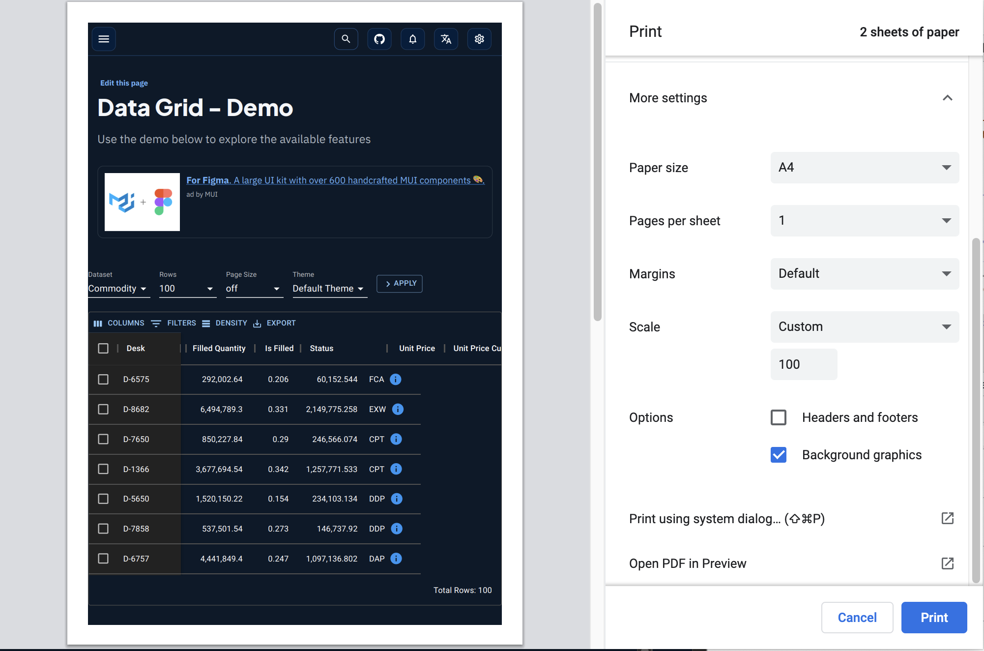 [datagrid] Print Style Is Varying Between Light And Dark Mode · Issue