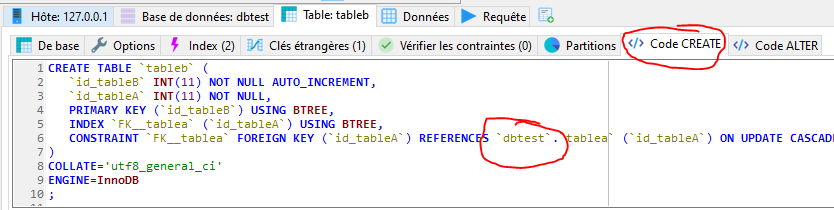 Tab "Code CREATE" kepp dbname in foreign key even if both table are in ...