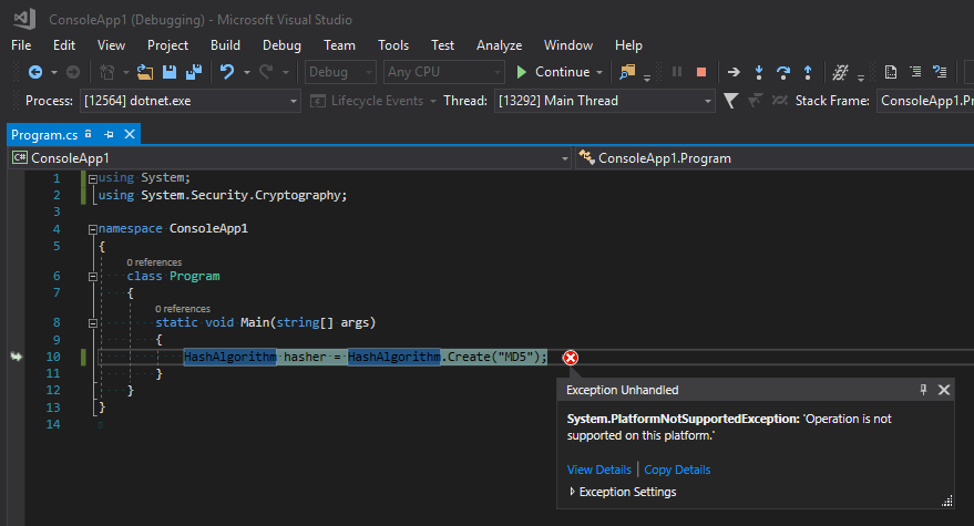 HashAlgorithm.Create(string) throwing PlatformNotSupportedException on Windows 10 (.NET Core 2.0 ...