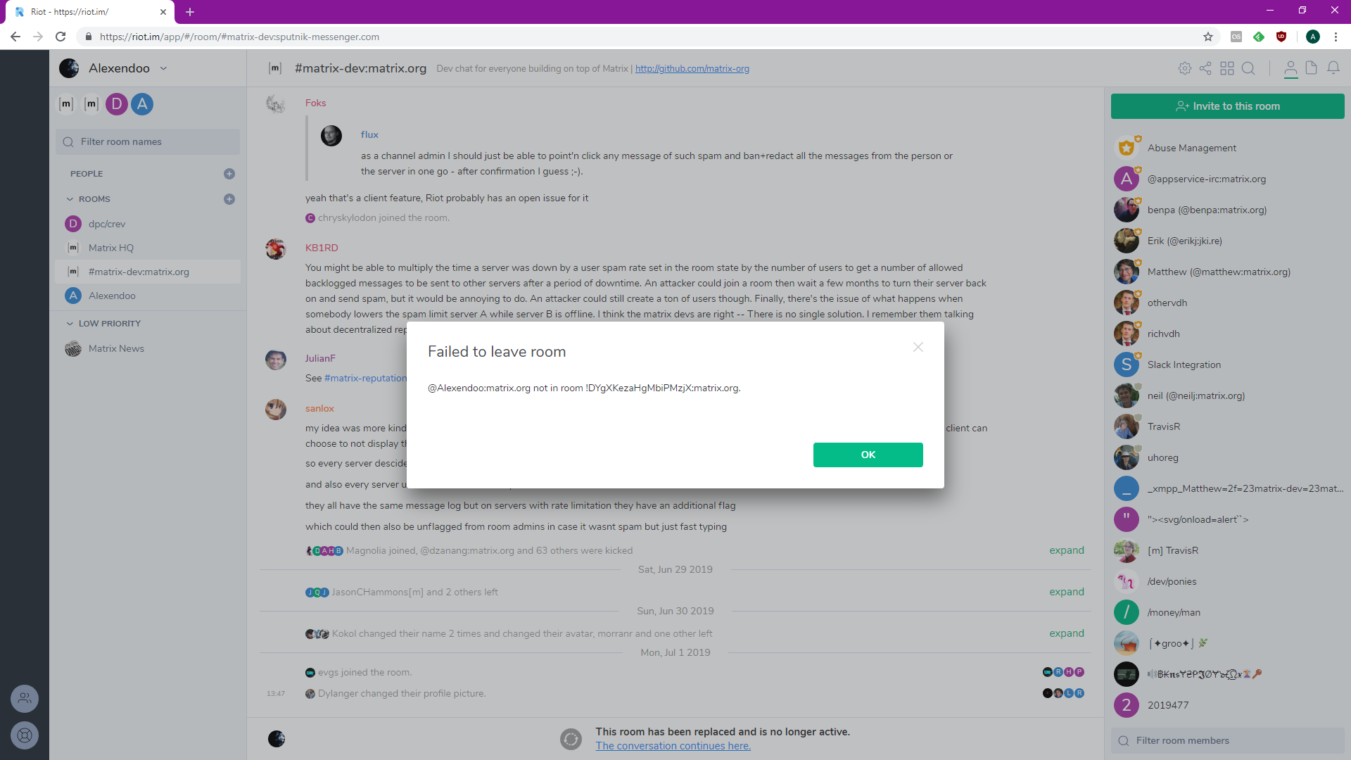 Cannot leave a replaced room (#matrix-dev:matrix.org) · Issue #10323 · element-hq/element-web ...