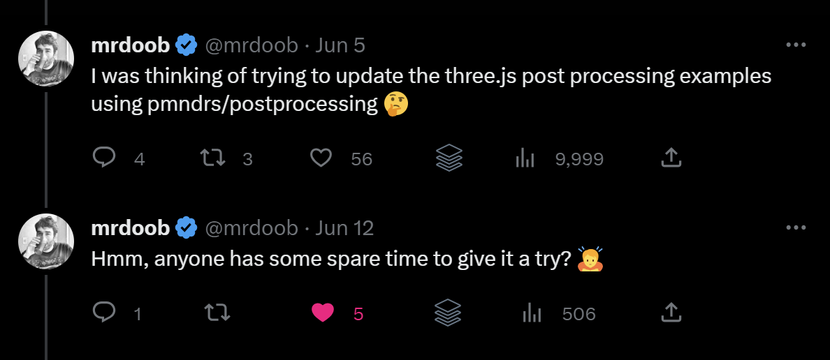 Post Processing: Use the pmdrs postprocessing library in examples · Issue #26246 · mrdoob/three ...