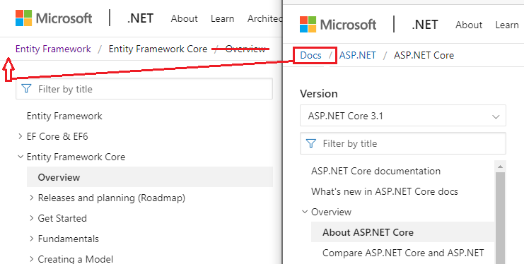 Breadcrumb path are not links · Issue #2131 · dotnet/EntityFramework.Docs · GitHub