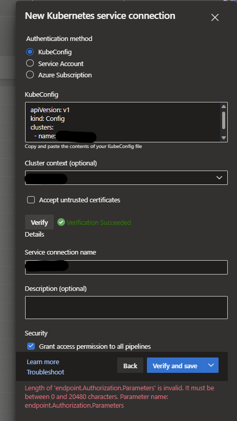 New K8s Service Connection Results In Length Of Endpointauthorizationparameters Is Invalid 